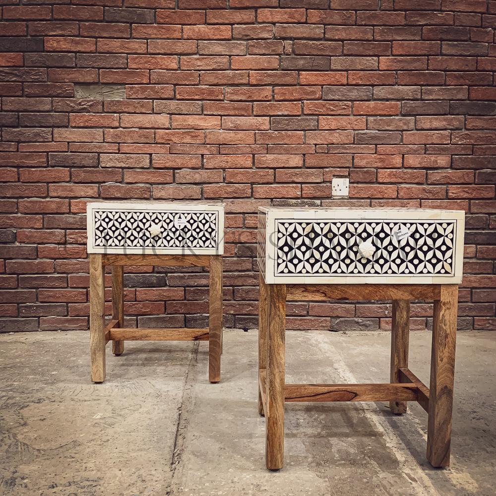 Geometric Bone inaly and wood sidetable